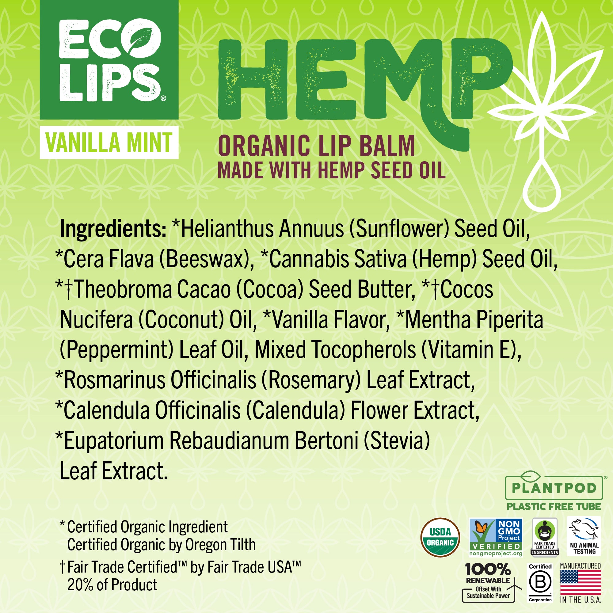 Hemp Vanilla Mint Plant Pod® Organic Lip Balm, 6 Pack - Eco Lips Store